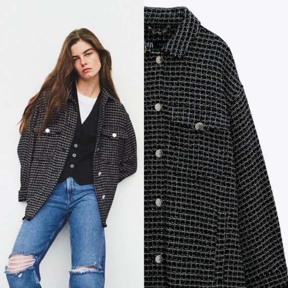 Zara | Tops | Zara Tweed Shacket Oversized Shirt Jacket Black White ...
